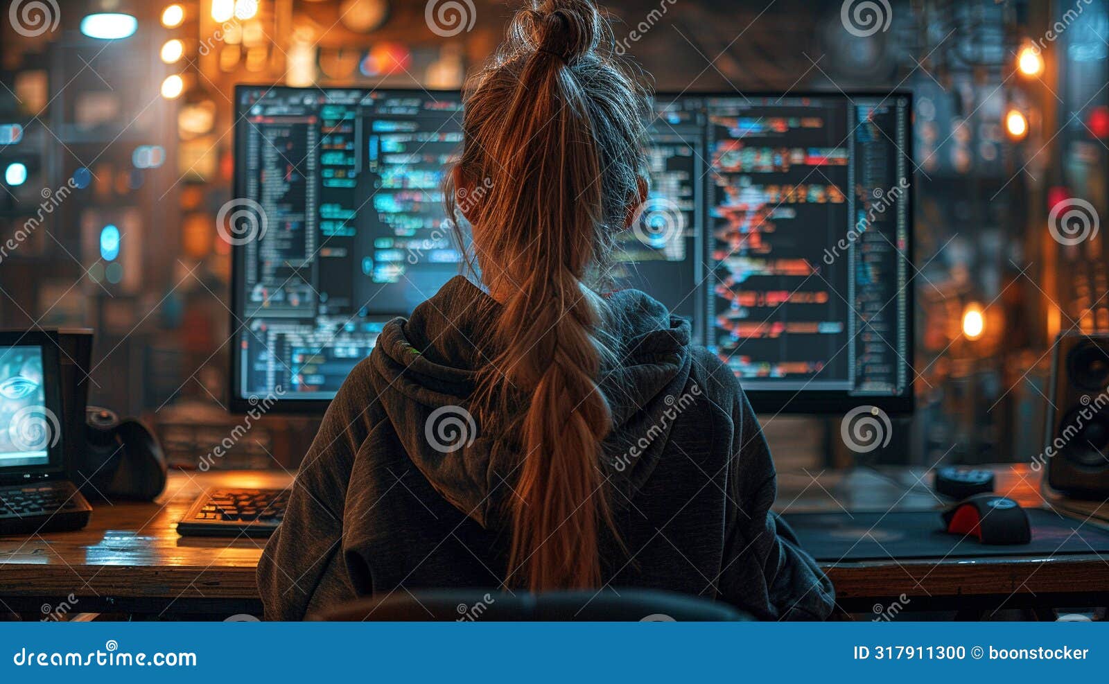 Back View of a Programmer Working with a Computer in the Office. AI Generated Stock Illustration ...