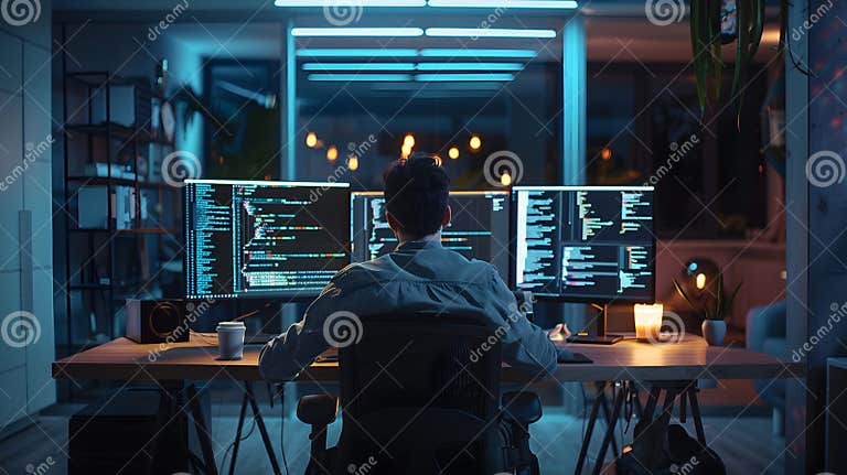 Back View of a Programmer Working on Dual-Monitor Setup in Modern Office. this is AI Generative ...