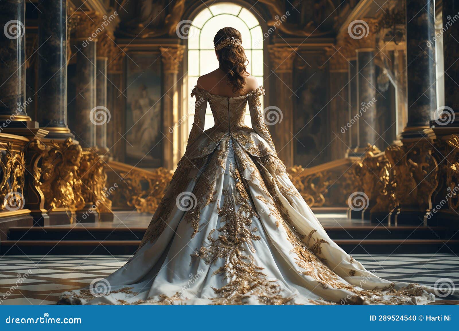 Back View of the Queen Wearing Luxurious Gown Inside the Palace AI ...