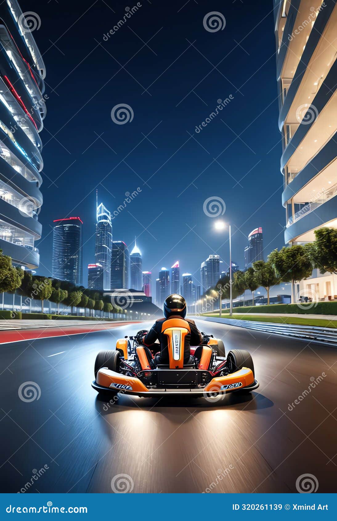 Back View Racing Go Kart in Night Race with Building Background Stock ...