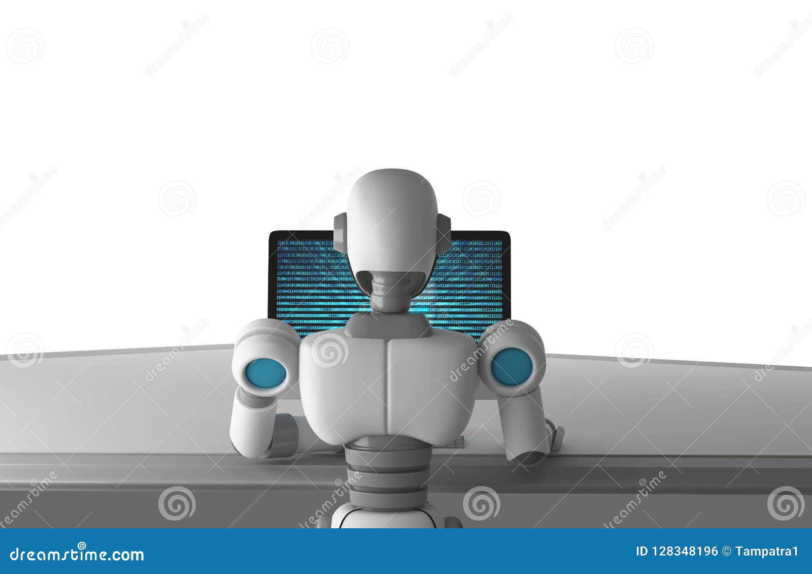 Back View of Robot Using a Computer with Binary Data Number Code Stock Illustration ...