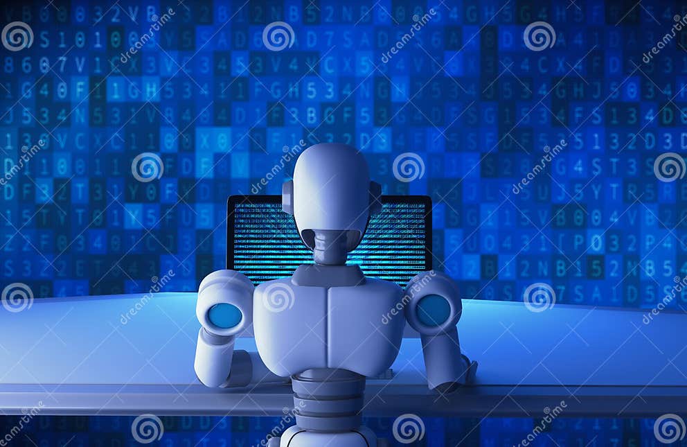 Back View of Robot Using a Computer with Binary Data Number Code Stock Illustration ...