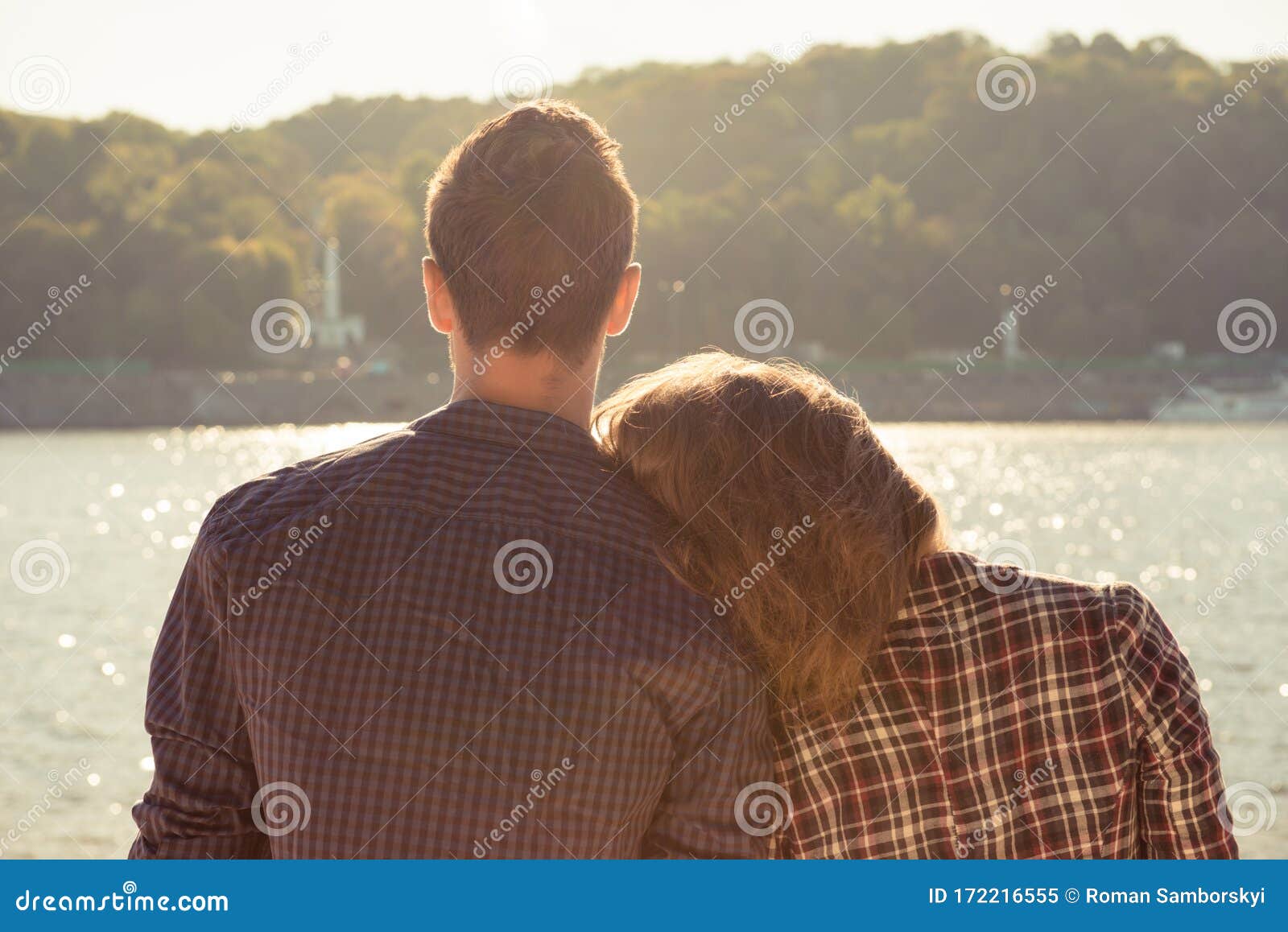 Back View of Romantic Couple in Love Watching at the River Stock Image ...
