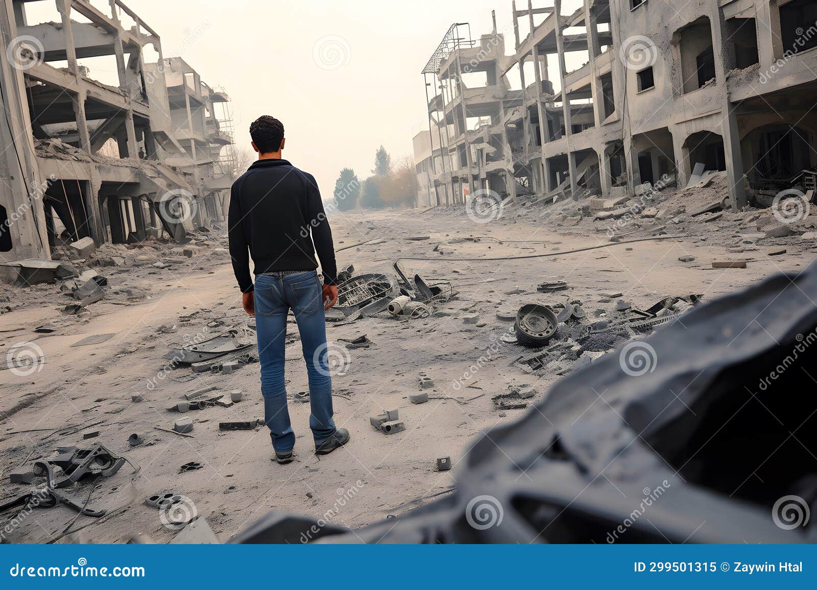 Back View of a Sad Man in Destroyed City during War Stock Illustration ...