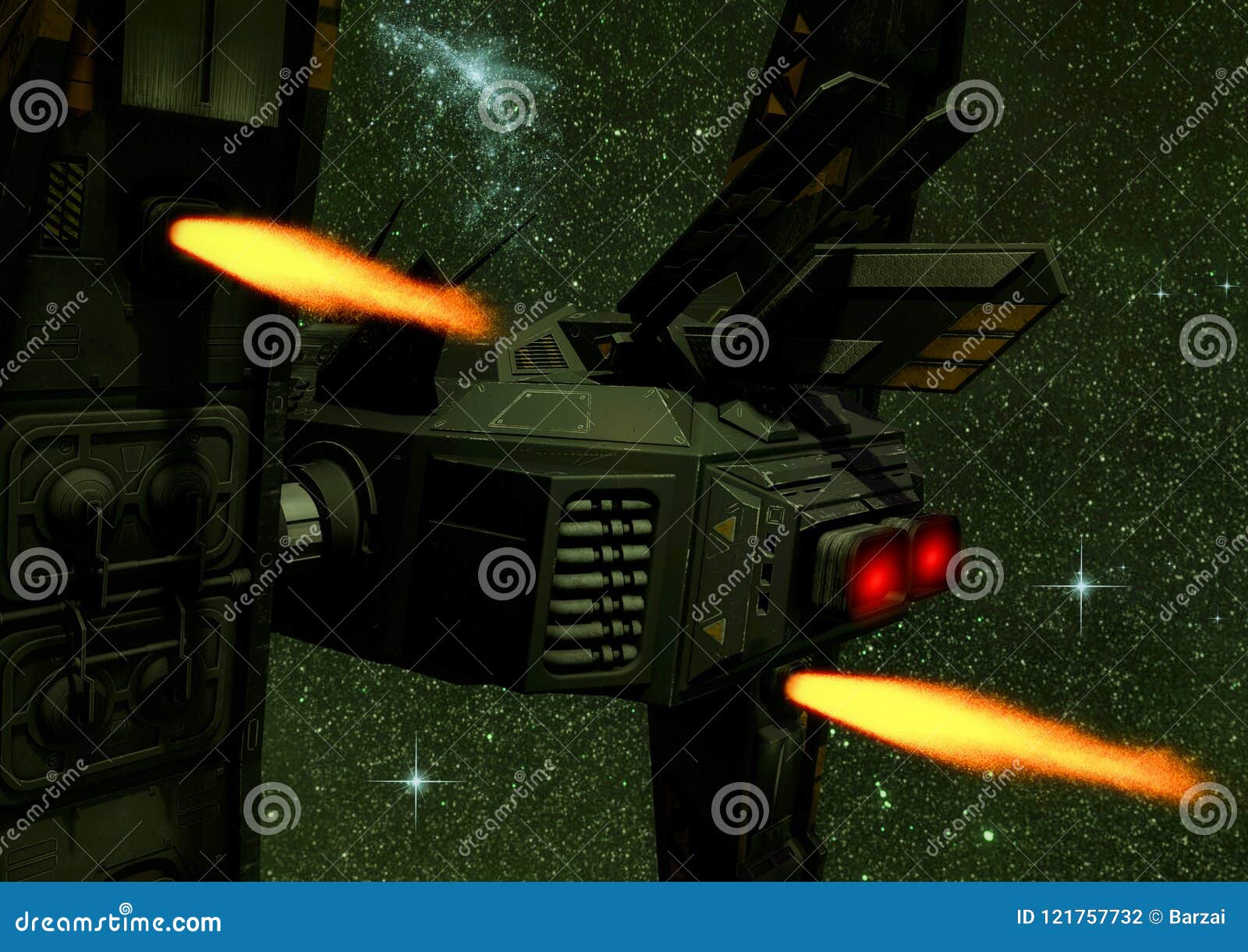 Back View of Sci-fi Spaceship in the Outer Space. Stock Illustration ...