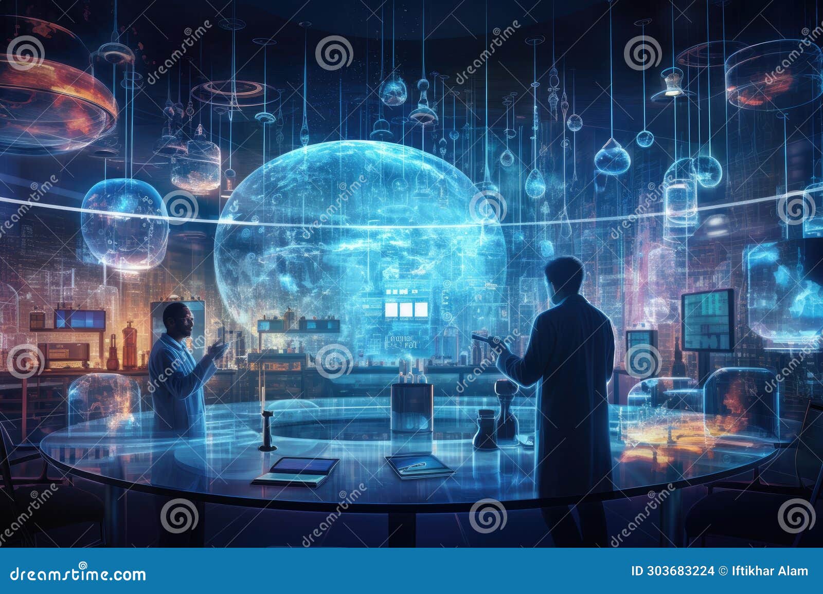 Back View of Scientists Working in Laboratory with Glowing Globe ...