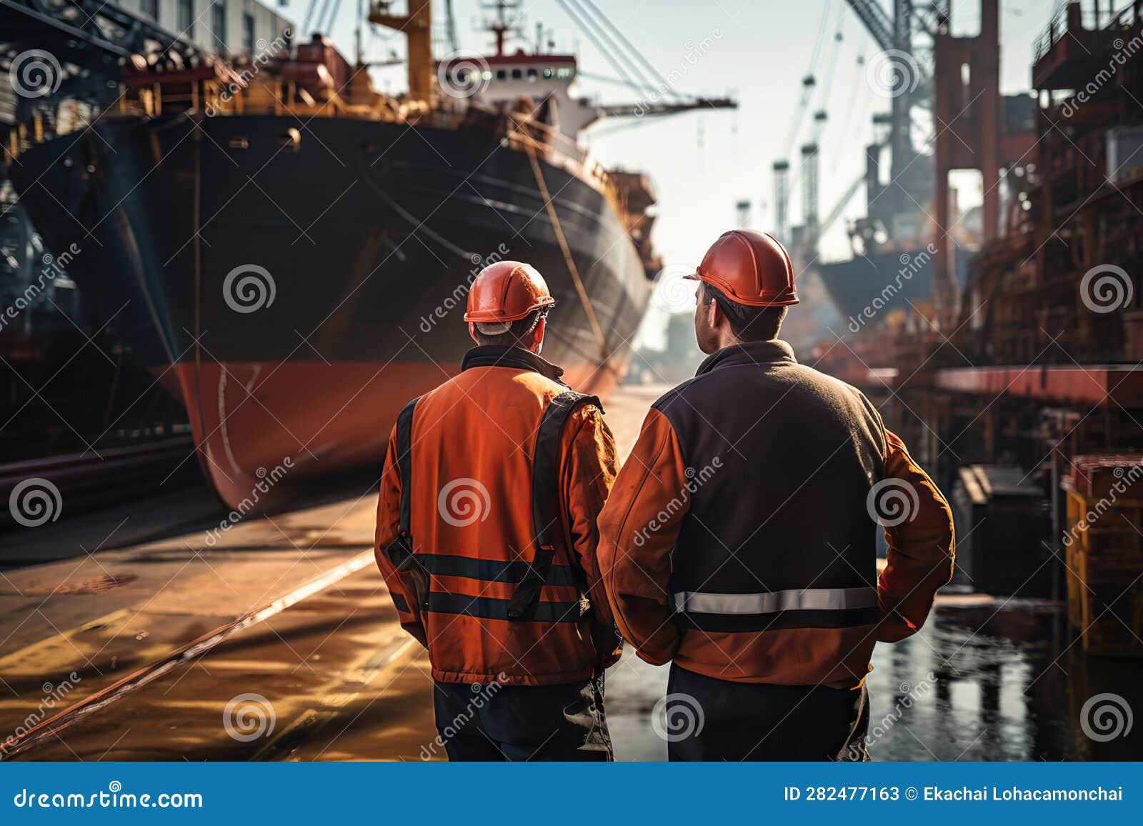 Back View of Shipyard Workers with a Majestic Ship Under Construction ...