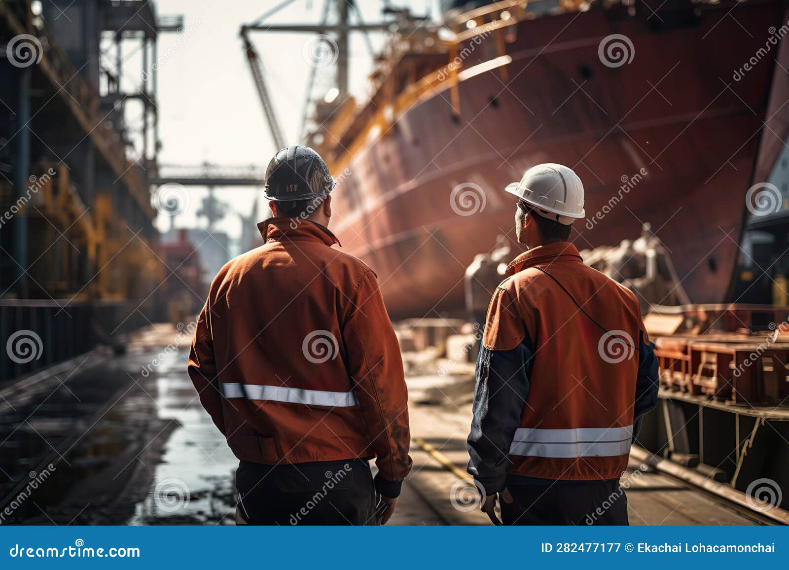 Back View of Shipyard Workers with a Majestic Ship Under Construction ...