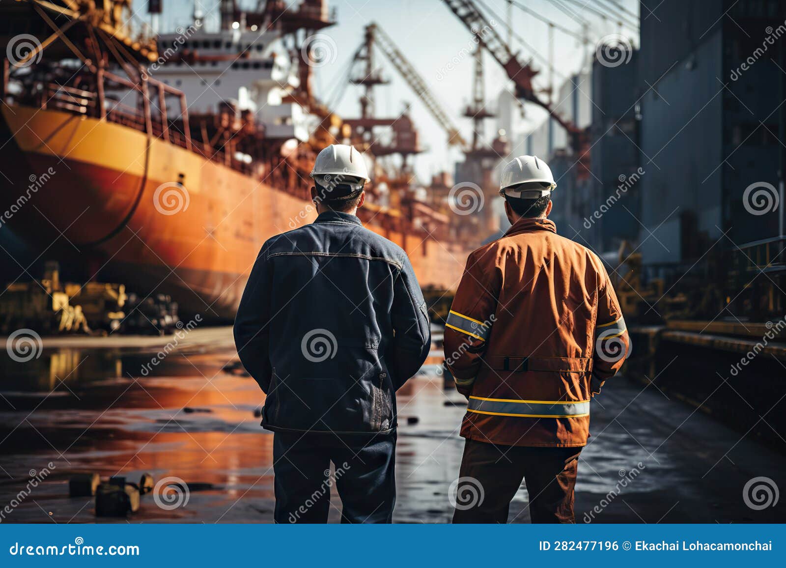 Back View of Shipyard Workers with a Majestic Ship Under Construction ... Back View of Shipyard Workers with a Majestic Ship Under Construction ...