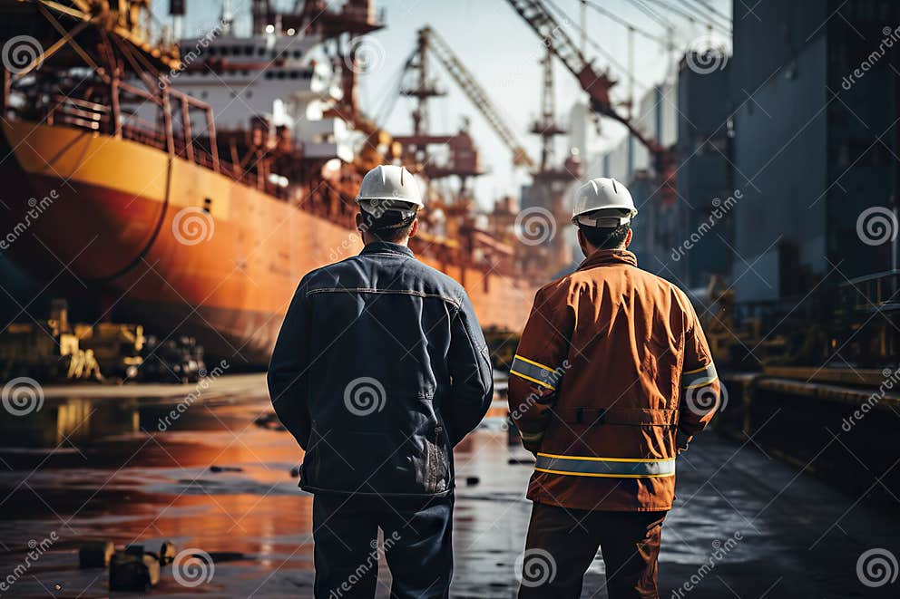 Back View of Shipyard Workers with a Majestic Ship Under Construction ...