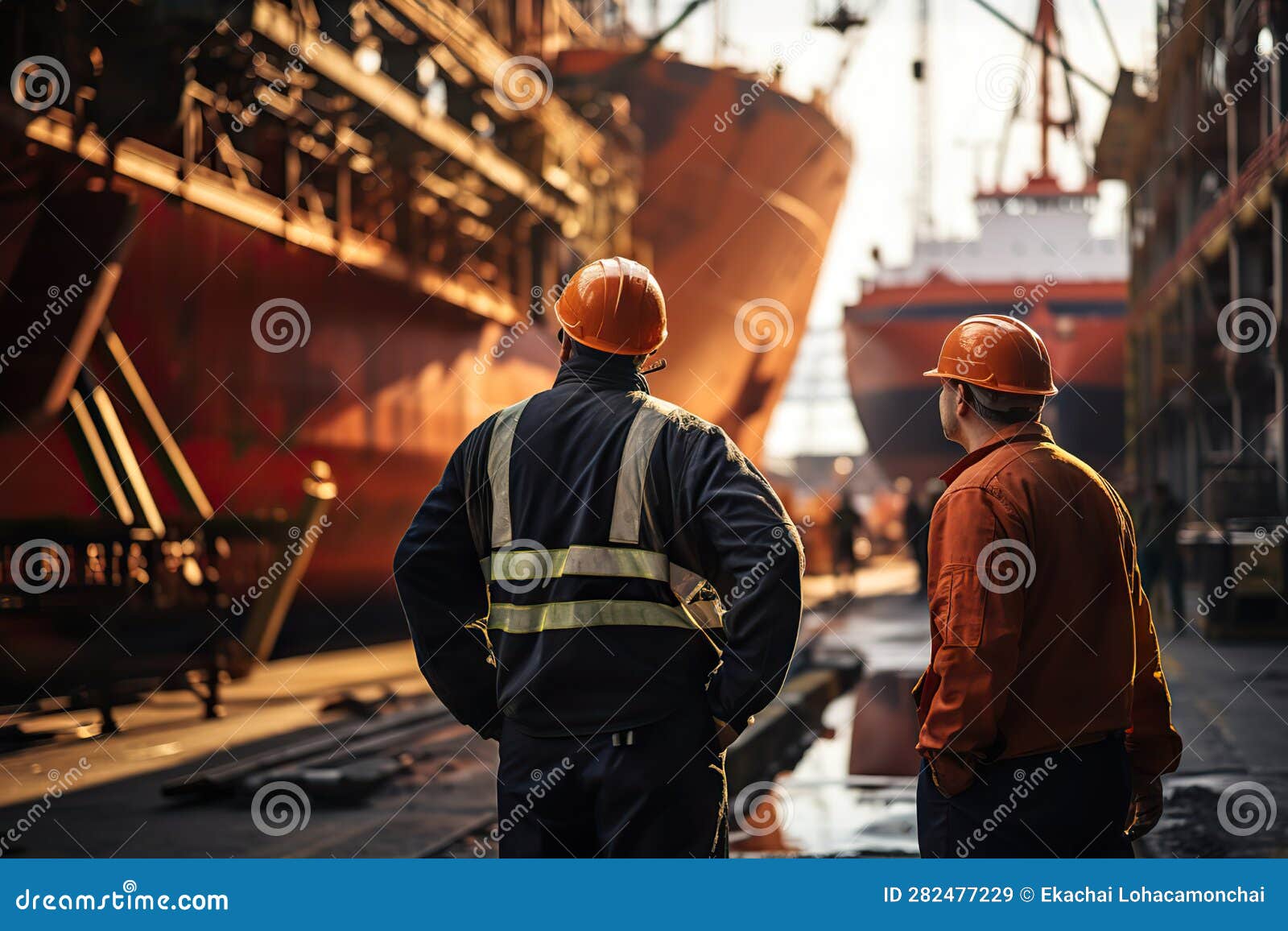 Back View of Shipyard Workers with a Majestic Ship Under Construction ...