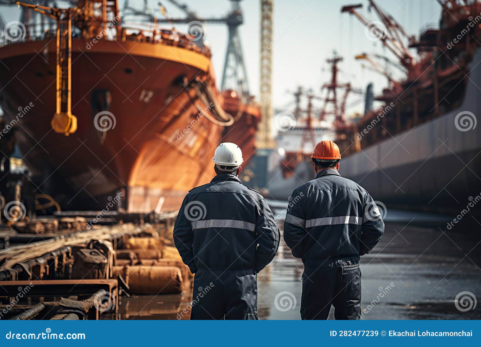 Back View of Shipyard Workers with a Majestic Ship Under Construction ...