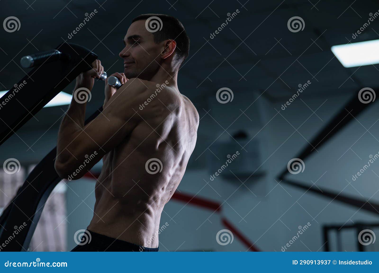 Back View of Shirtless Man with Pull-ups in Gym. Narrow Grip. Stock ...