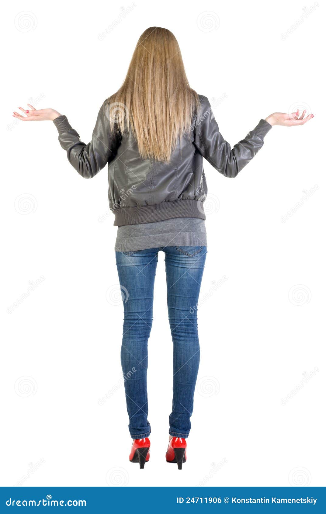 Back View of Shocked Woman in Gray Jacket Stock Photo - Image of dress ...