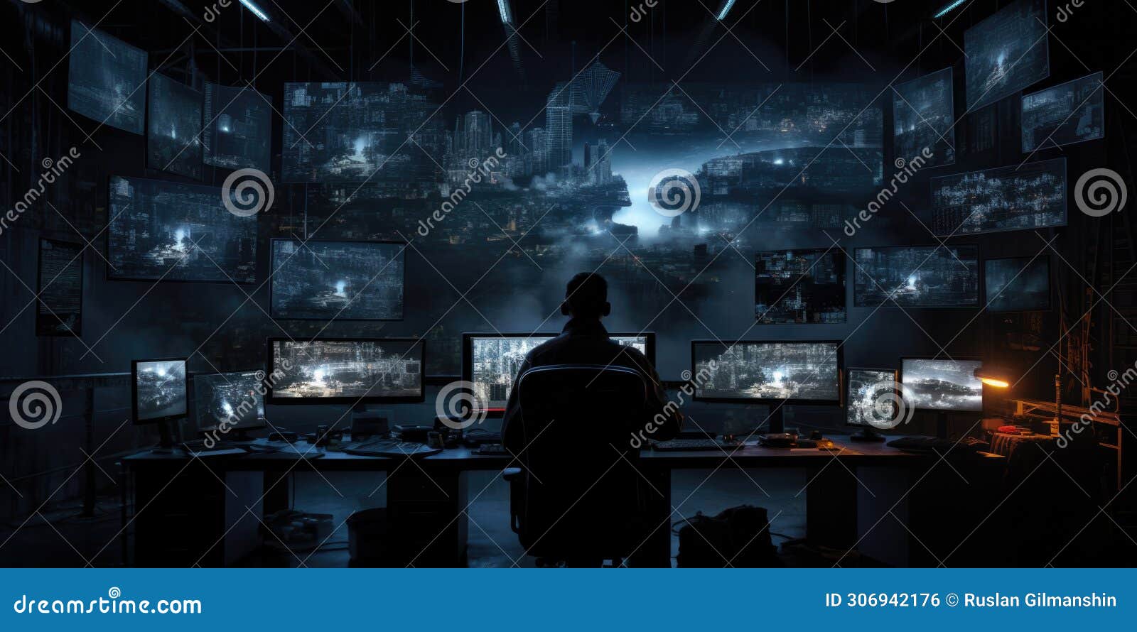 Back View Shot of the Businessman Sitting at His Desk Using Desktop ...