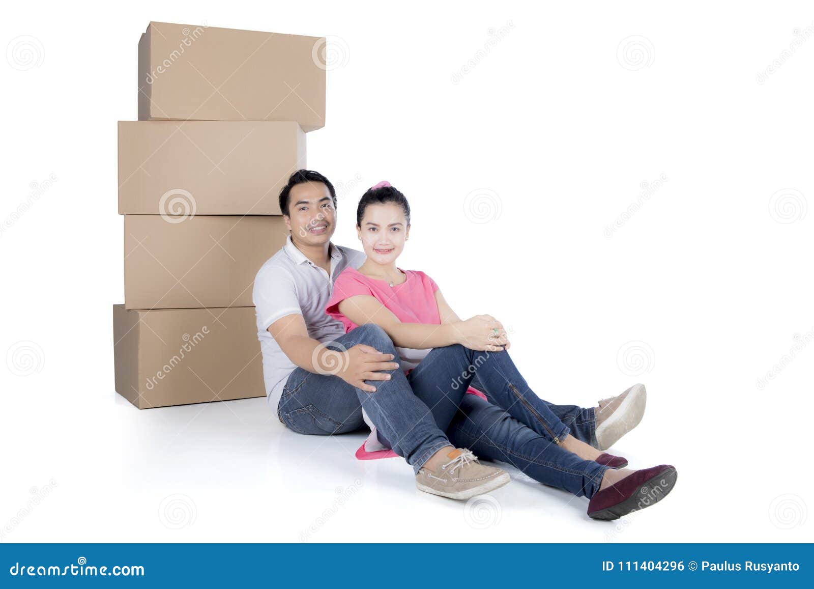 Back View of Sitting Cute Couple with Stack of Cardboard Boxes Stock ...