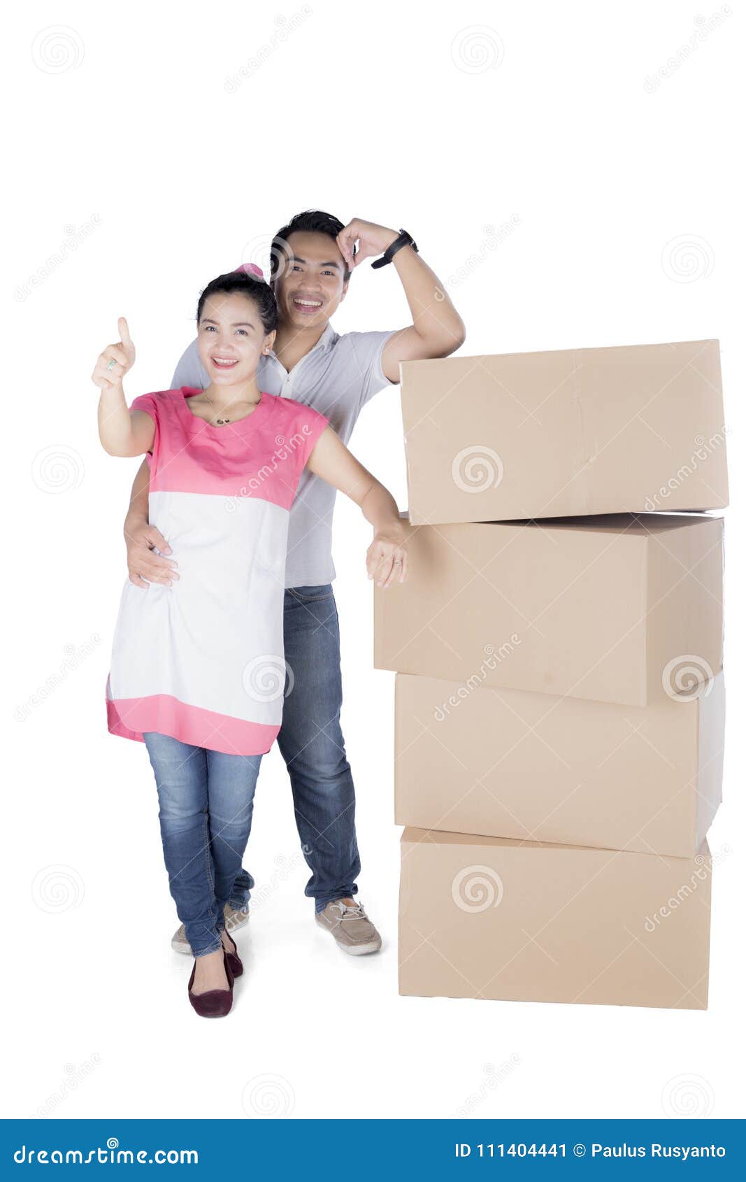 Back View of Sitting Cute Couple with Stack of Cardboard Boxes Stock ...