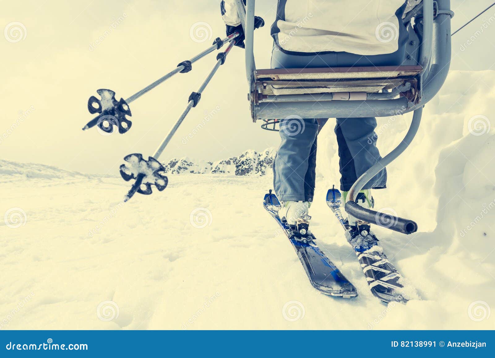 Back View of Skier Riding a Lift. Stock Image - Image of fitness, chair ...