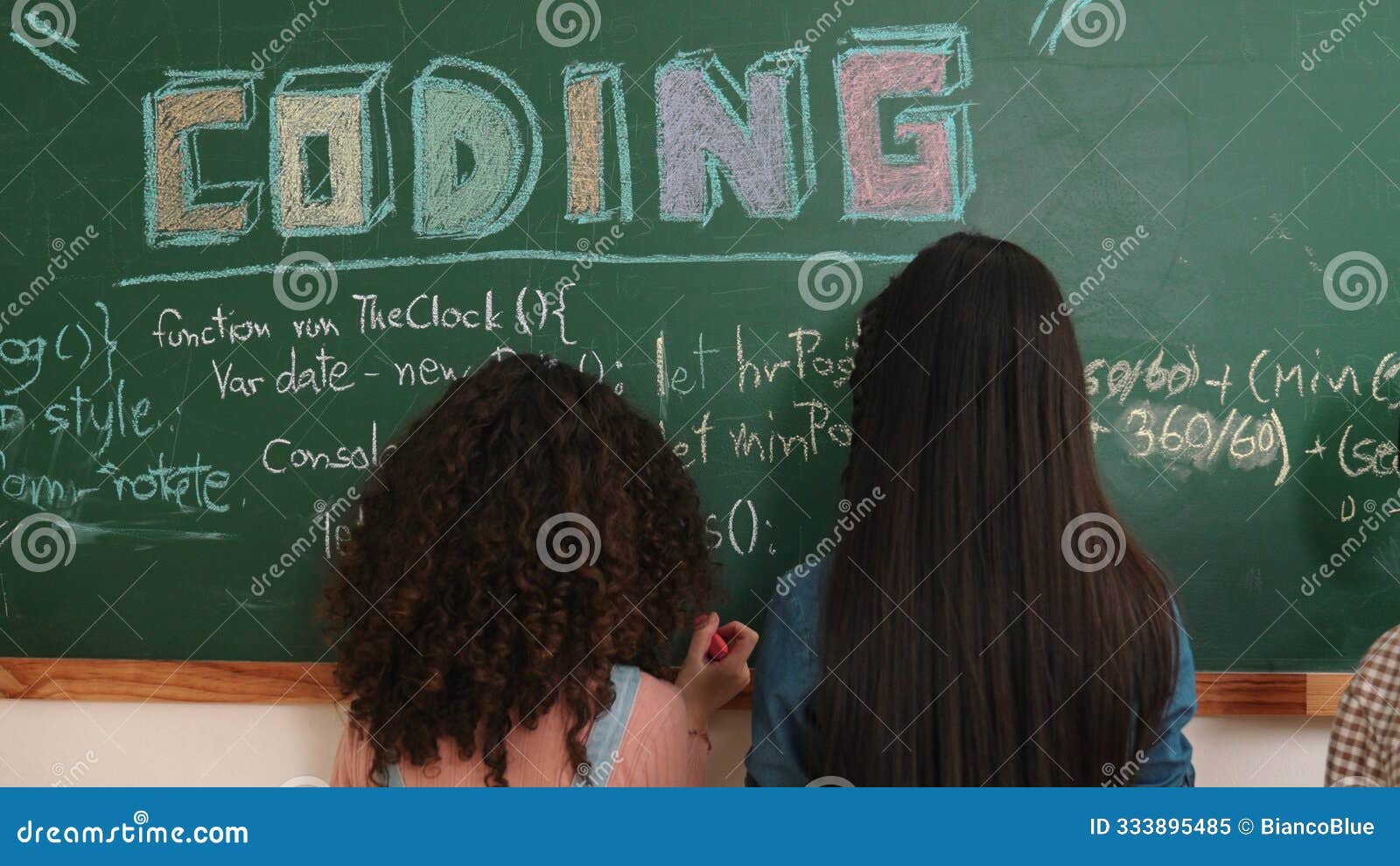 Back View of Smart Student Writing Coding Engineering Prompt at Board. Pedagogy. Stock Image ...
