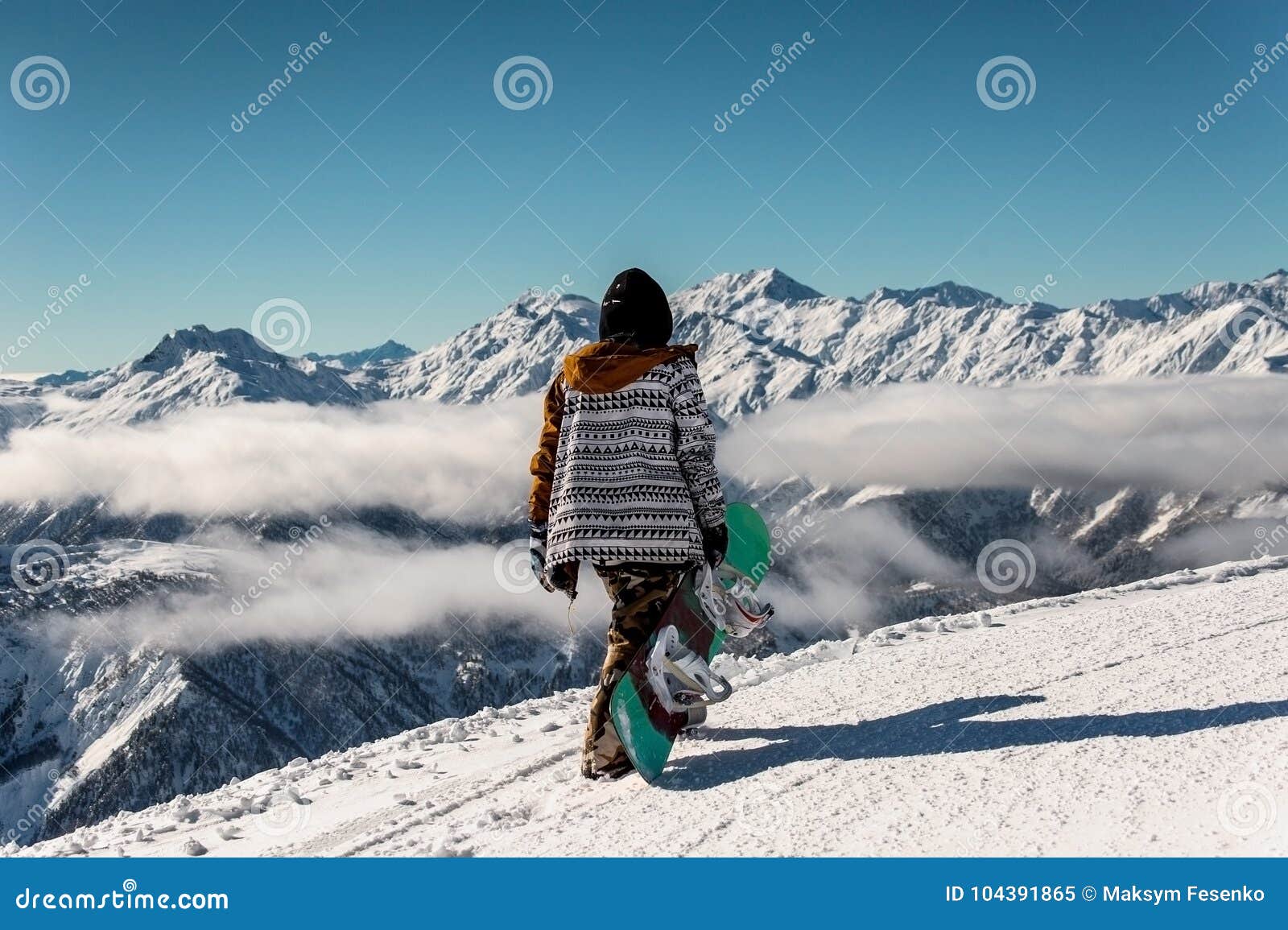 Back View of Snowboarder Standing on the Background of Mountains Stock ...