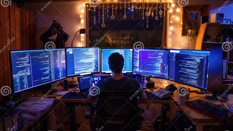 Back View Of Software Developer Coding Program Or Engineering Prompt Aig42 Stock Image Image 