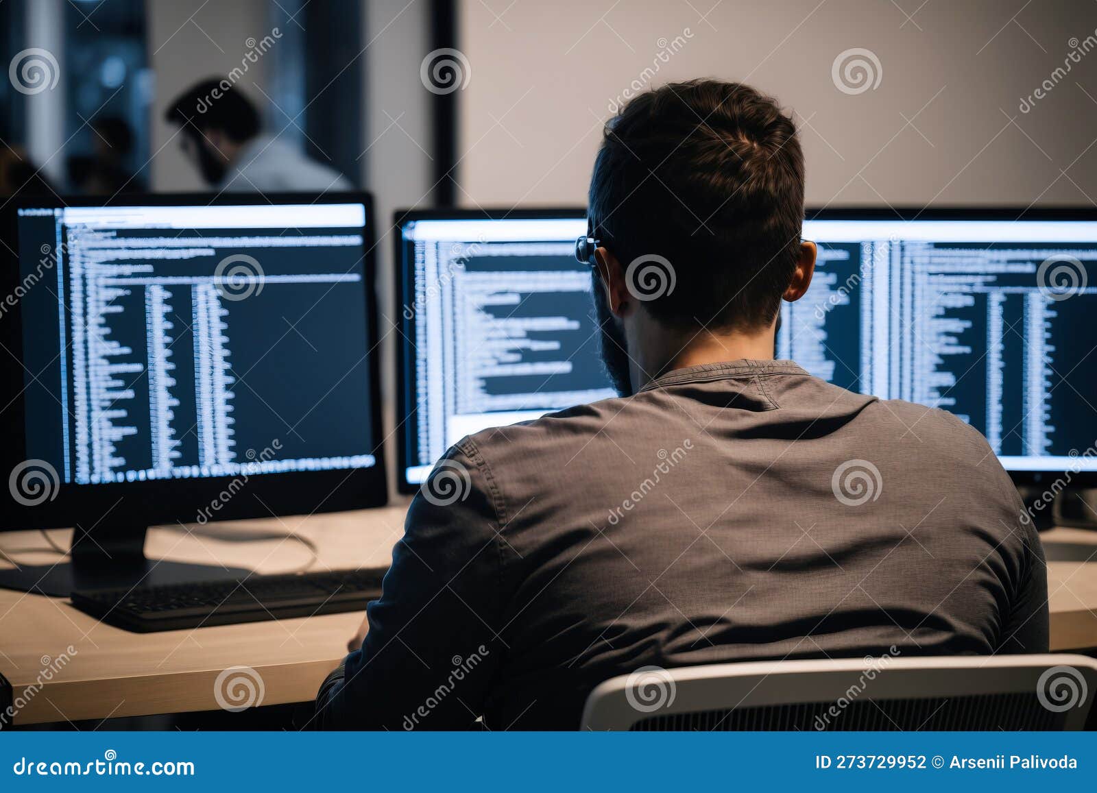 Back View Of Software Developer Coding Scripts For Cybersecurity Company In Office Generative 1856