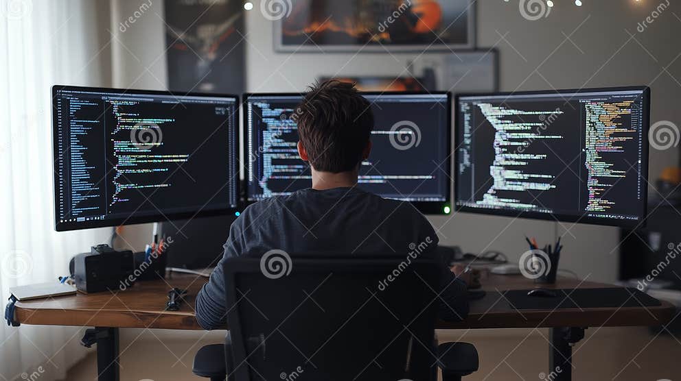 Back View of Software Engineer Programming on Multiple Screens at a ...