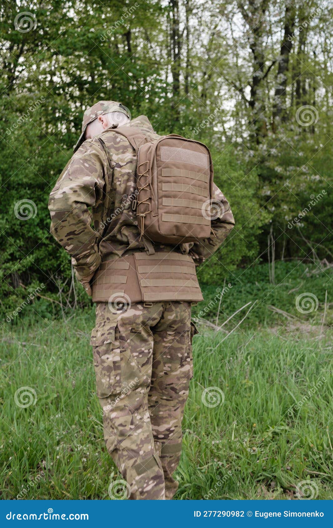 Back View of Soldier with Full Gear and Tactical Backpack Standing ...