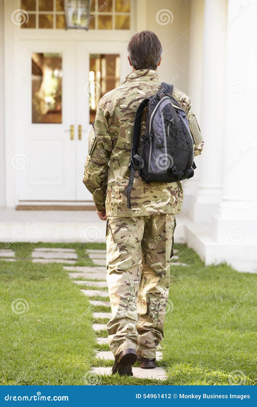 Back View of Soldier Returning Home Stock Photo - Image of rucksack ...