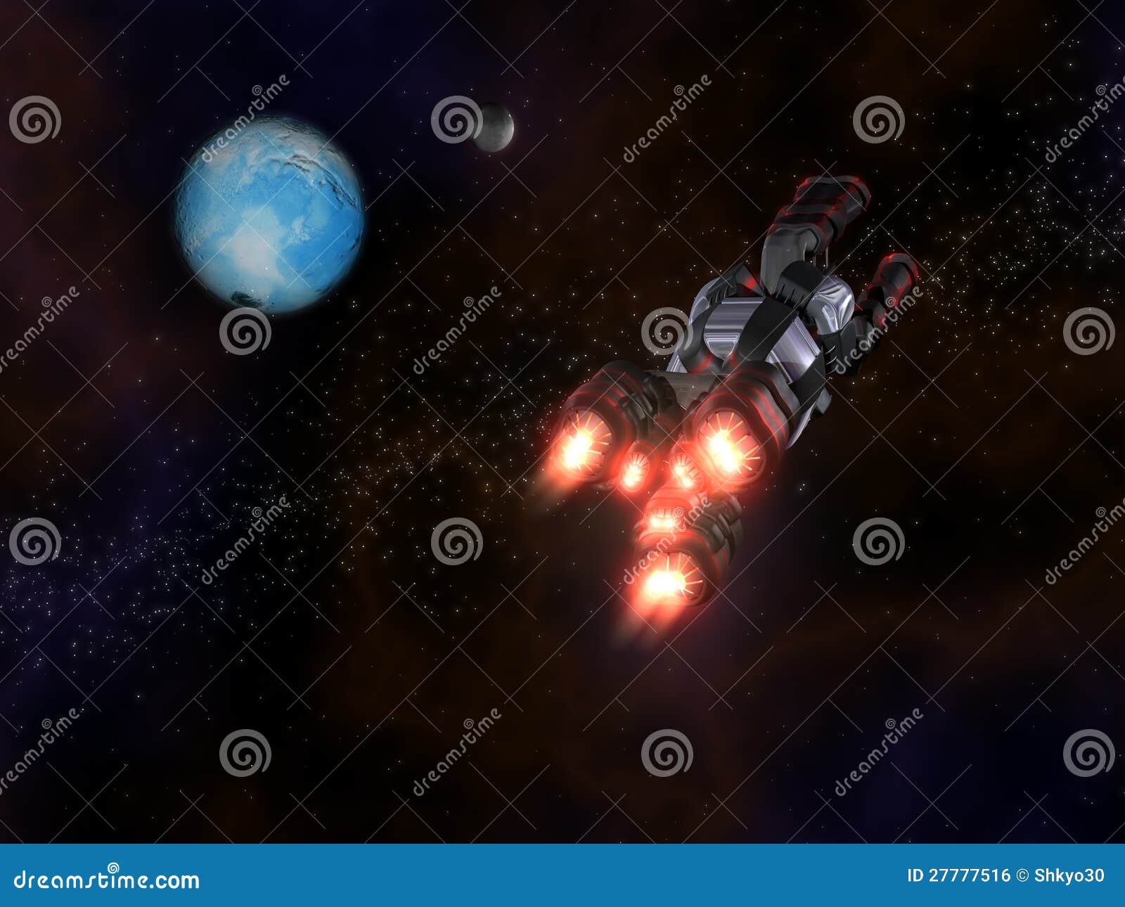 Back View of Space Ship in Action in Space Stock Illustration ...