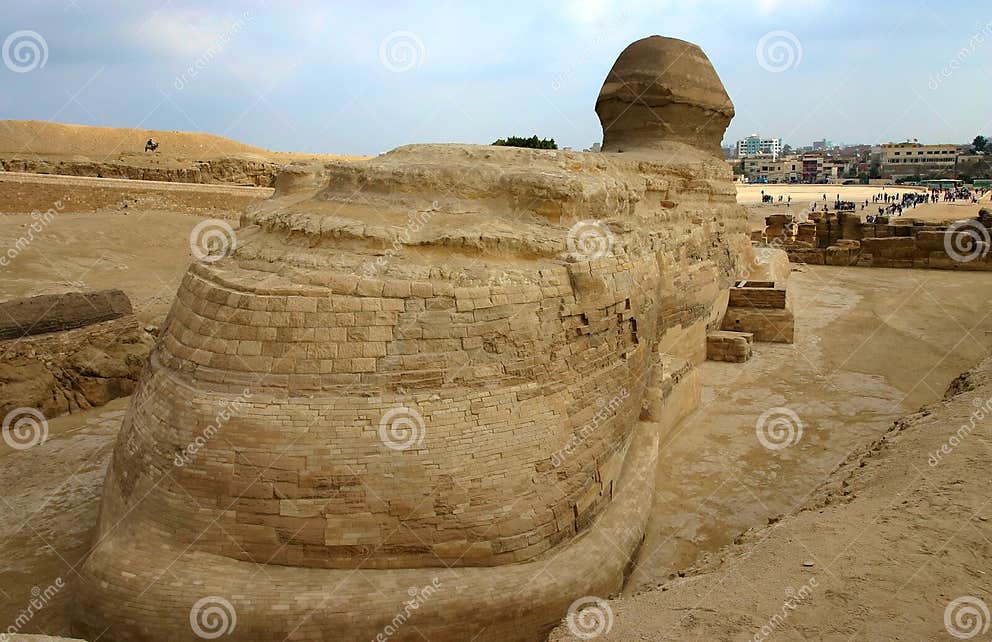 Back View of the Sphinx Next To Pyramids, Egypt Stock Photo - Image of ...