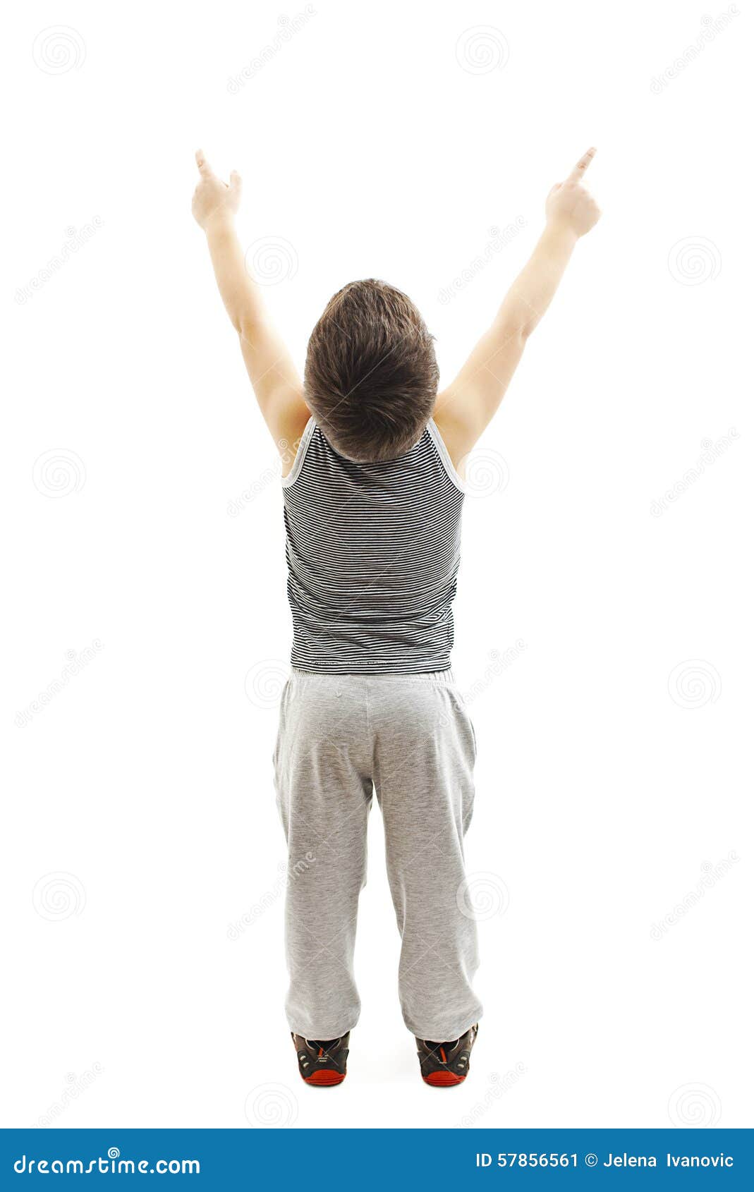 Back View of Sporty Little Boy Points at Wall. Stock Image - Image of ...