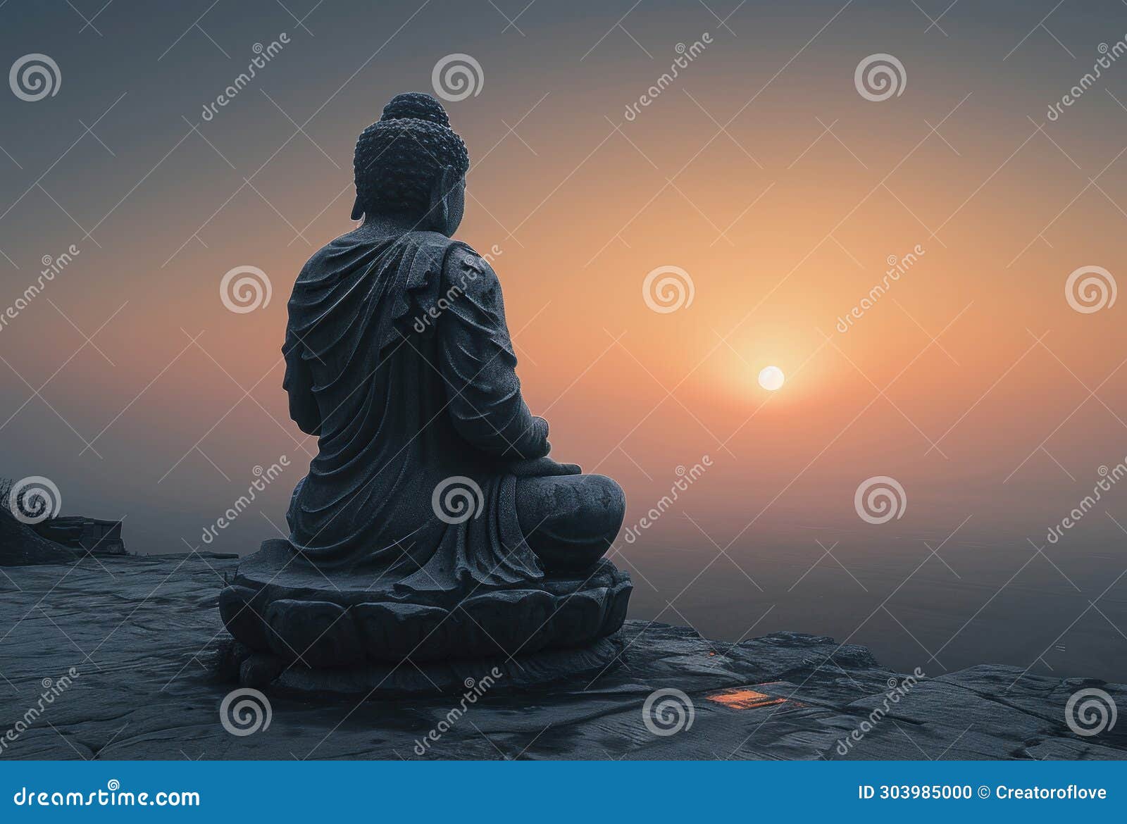 Back View of a Statue of Buddha Facing at Sunset Stock Illustration ...