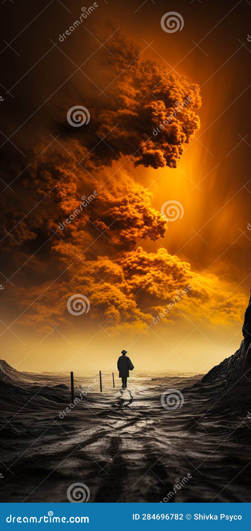Back View of Strange Person Walking in Empty Path with Orange Clouds ...