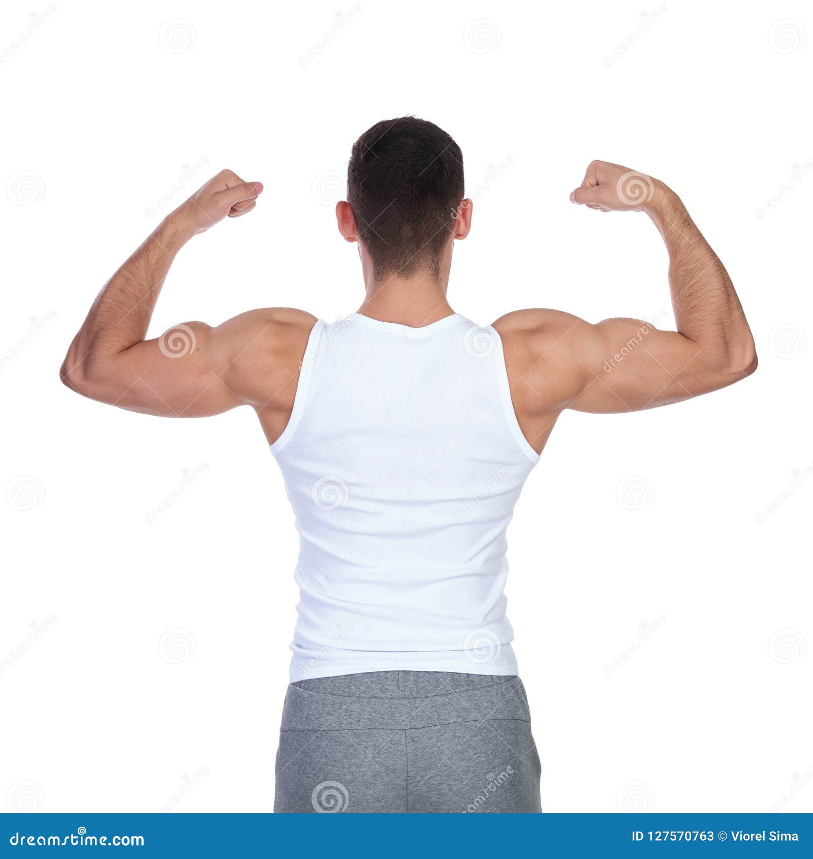 Back View of Strong Man in Undershirt Flexing His Biceps Stock Image ...