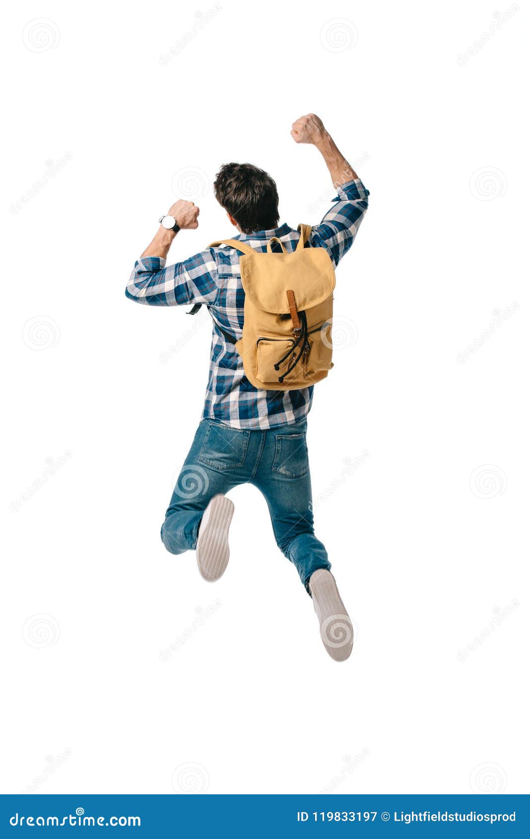 Back View of Student Jumping with Backpack Stock Image - Image of ...