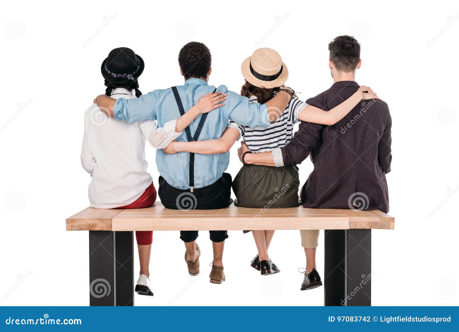Back View of Stylish Young Friends Sitting Embracing on Bench Stock ...