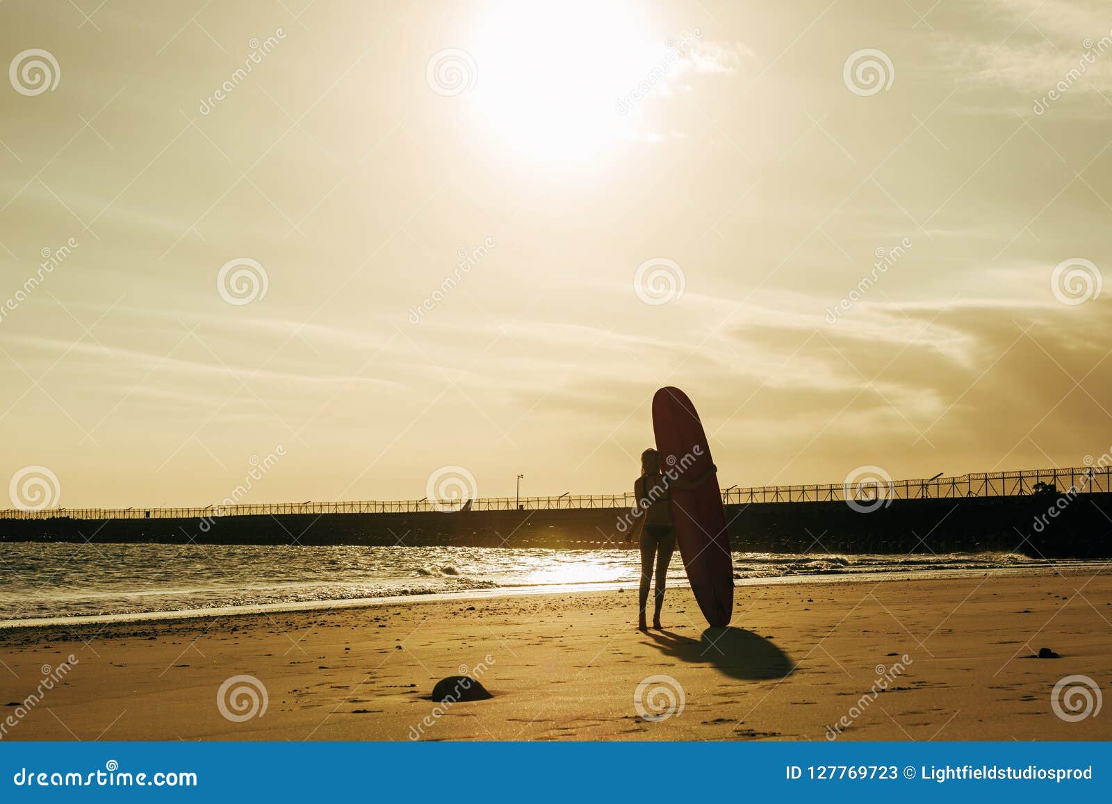 Back View of Surfer Posing with Surfboard on Beach Stock Image - Image ...