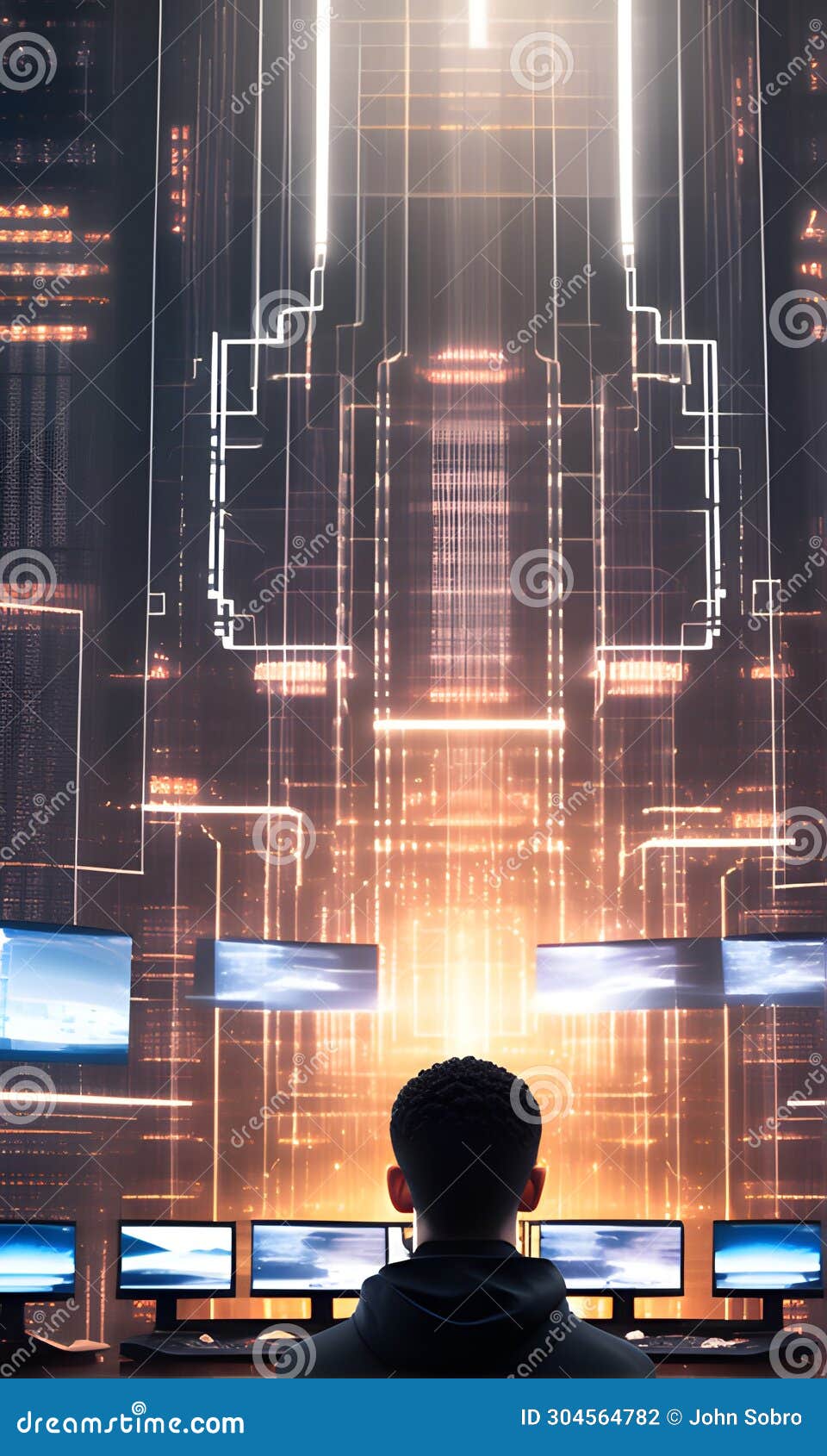 Back View of Teenage Hacker Working in Computer Stock Photo - Image of ...