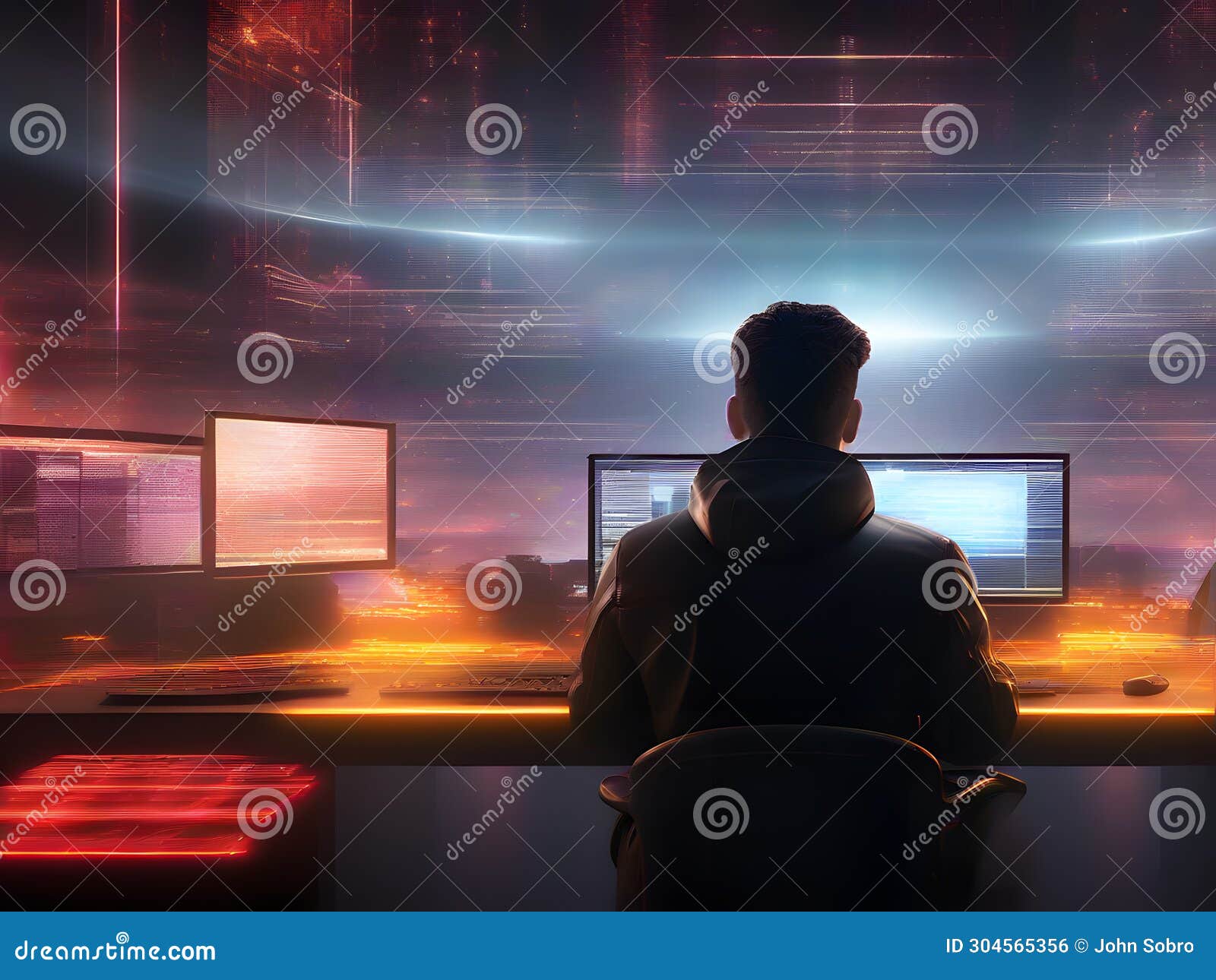 Back View of a Teenage Hacker Working in Computers Stock Illustration ...