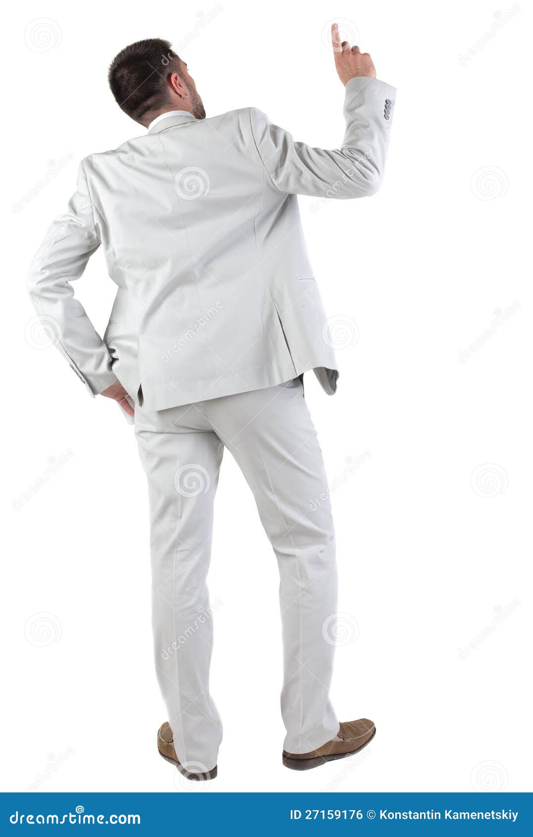 Back View of Thinking Young Business Man in White Suit. Stock Photo ...