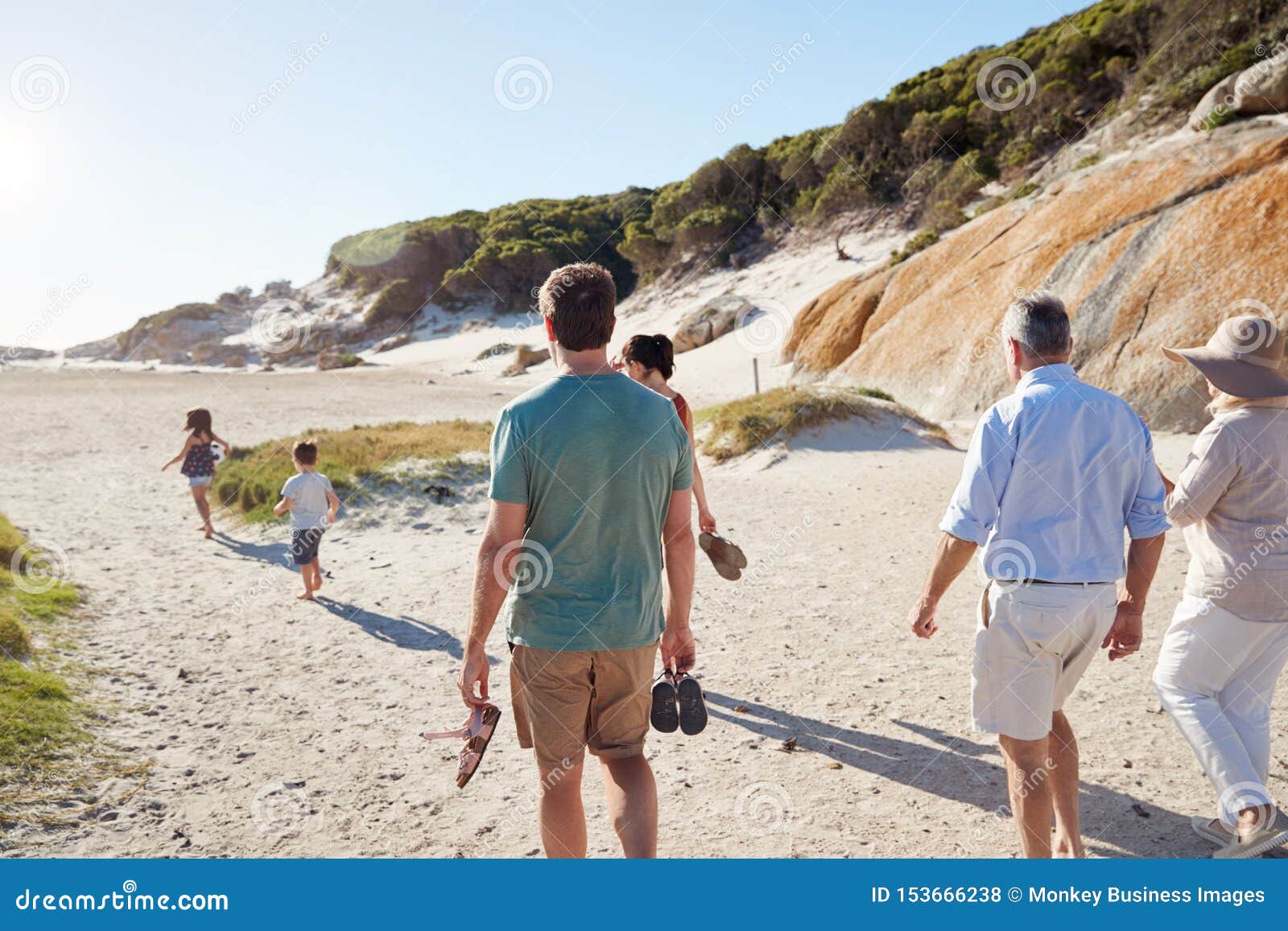 Back View of Three Generation White Family Exploring Together on a ...
