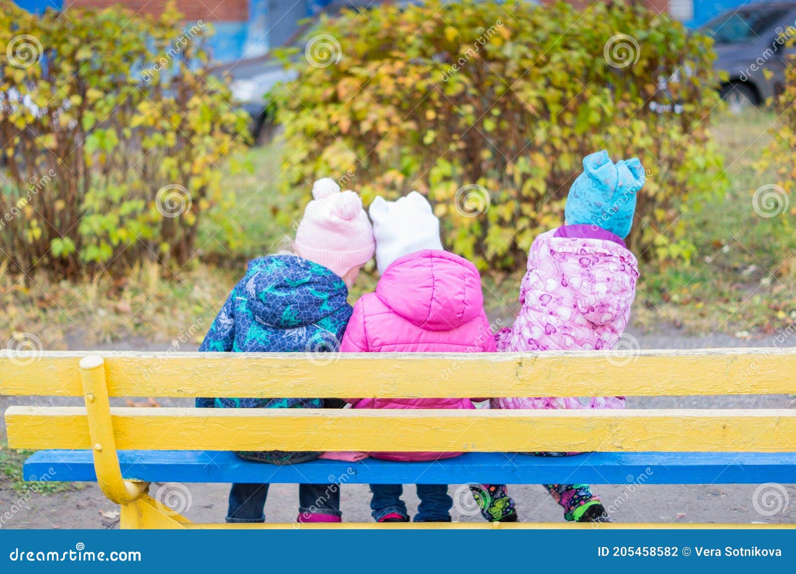 Back View of Three Girl Friends on a Park Bench Stock Photo - Image of ...