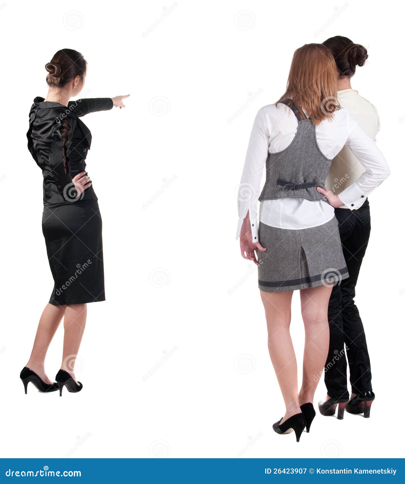 Back View of Three Young Business Woman Pointing Stock Image - Image of ...