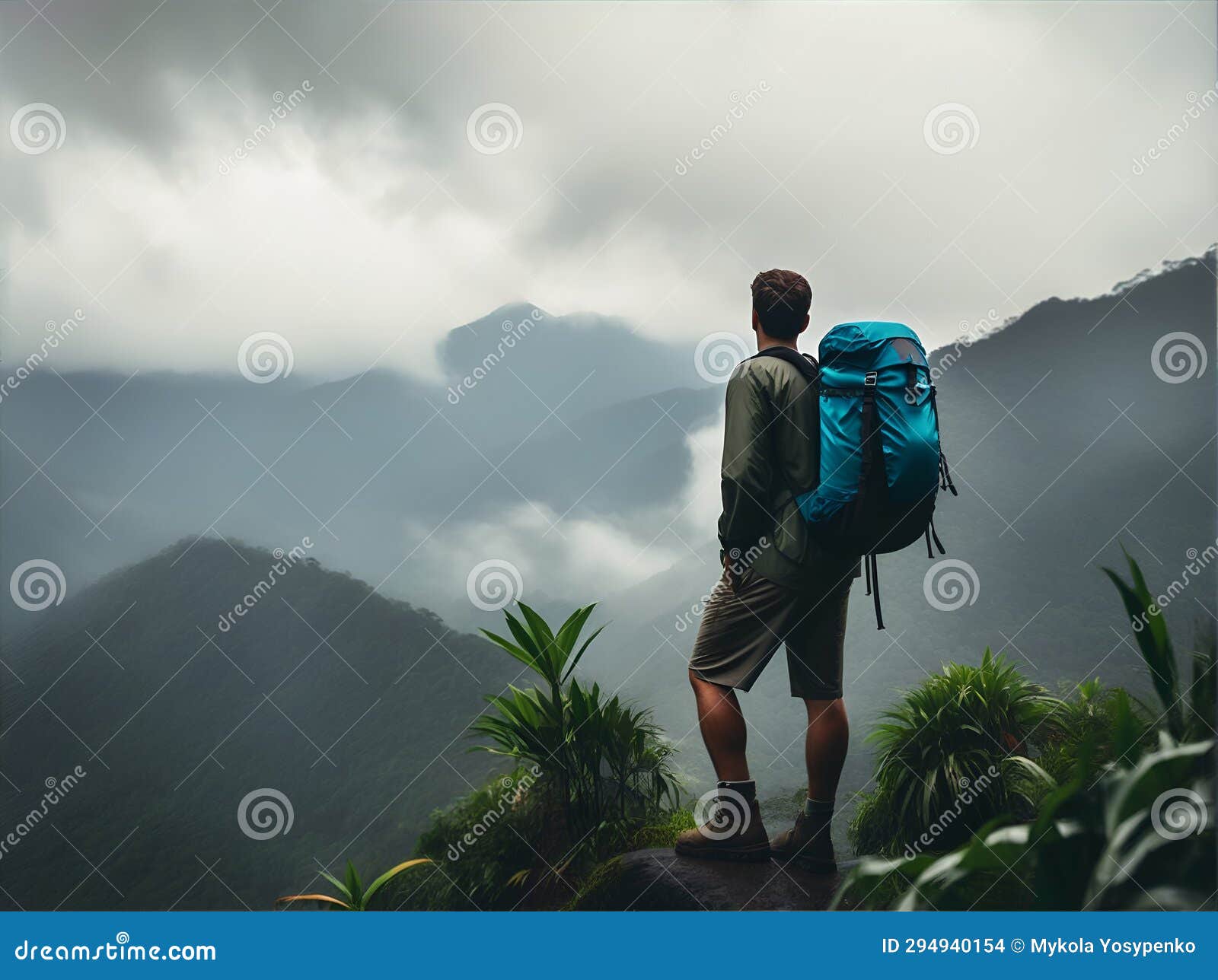 Back View of a Tourist with a Backback, Blurred Distant Rainforest and ...