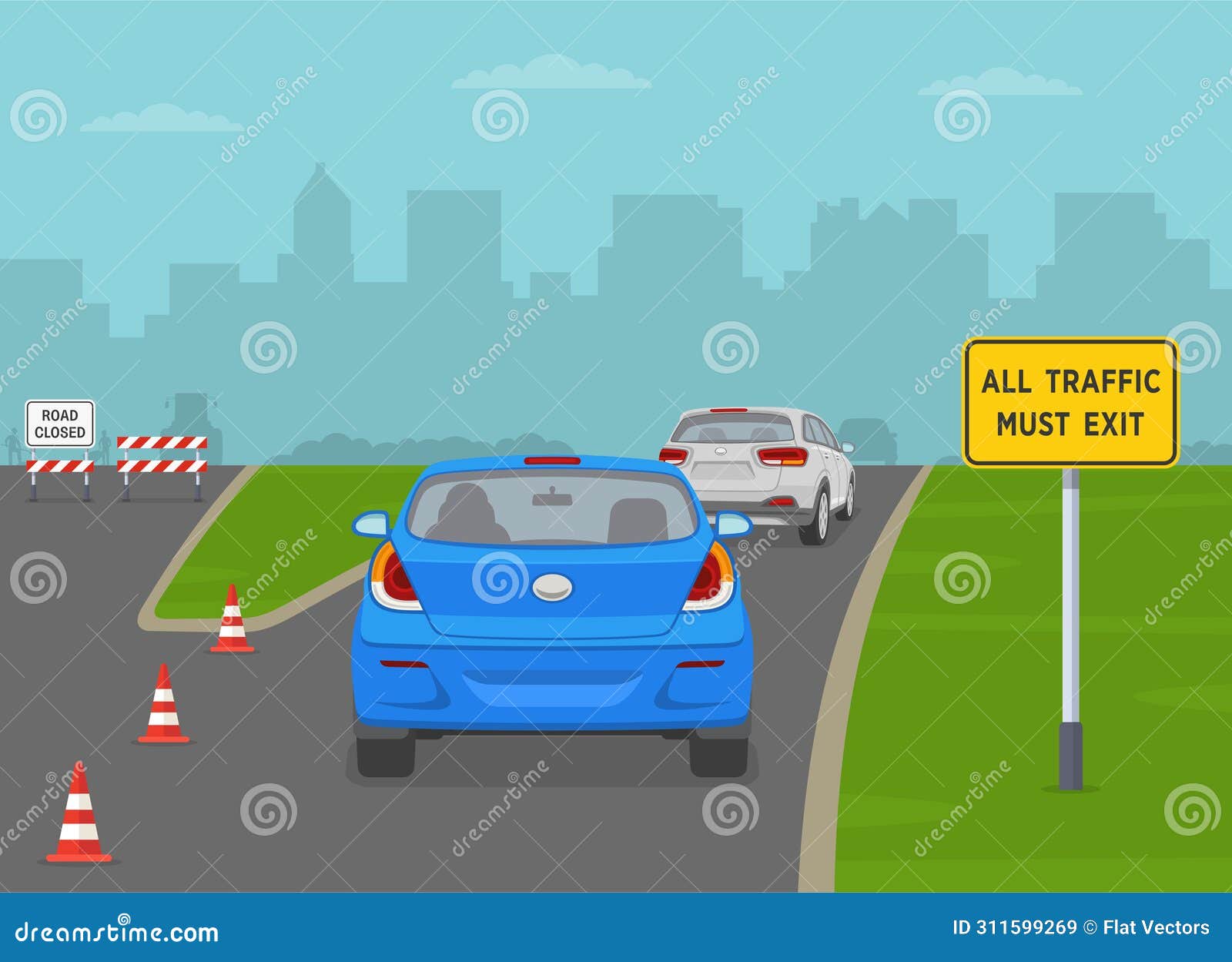 Back View of a Traffic Flow Exiting the Expressway. "All Traffic Must ...
