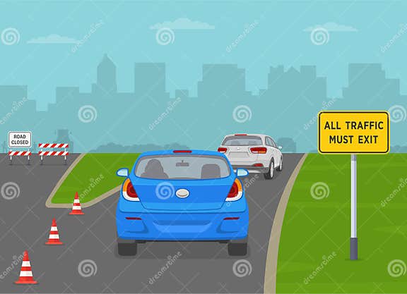 Back View of a Traffic Flow Exiting the Expressway. "All Traffic Must ...