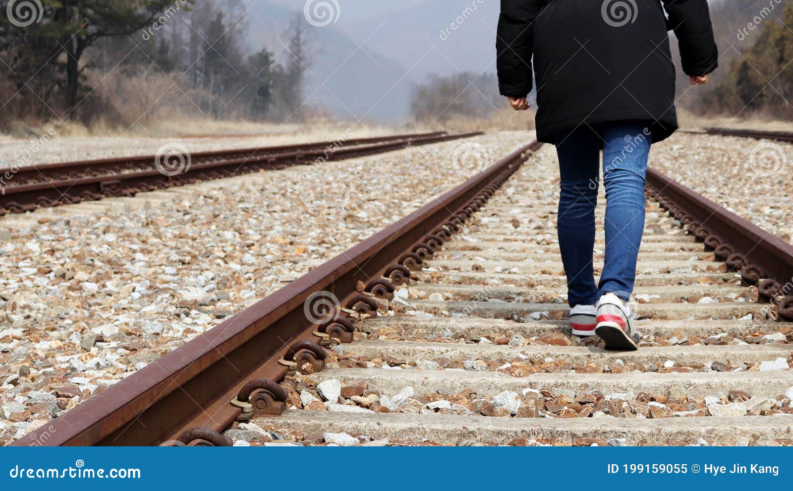 The Back View of a Train Track and a Woman. Stock Image - Image of ...