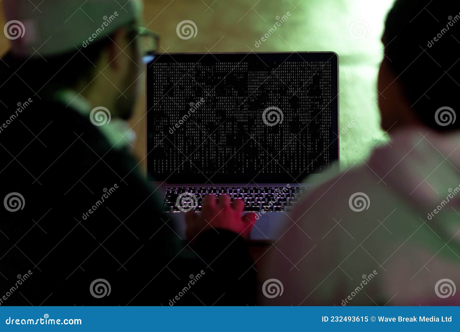 Back View of Two Diverse Male Colleagues at Desk Using Computer with Coding on Screen Stock ...