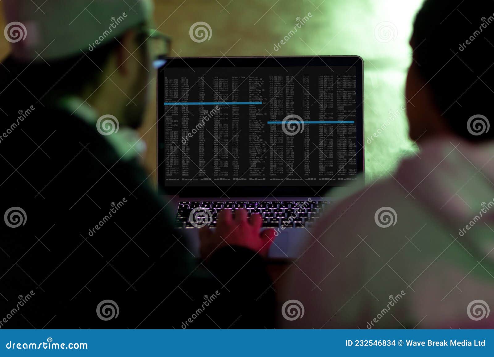 Back View of Two Diverse Male Colleagues Using Laptop with Coding on Screen Stock Photo - Image ...